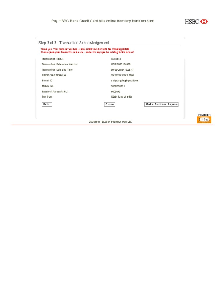 Step 3 of 3 - Transaction Acknowledgement: Pay HSBC Bank Credit Card ...