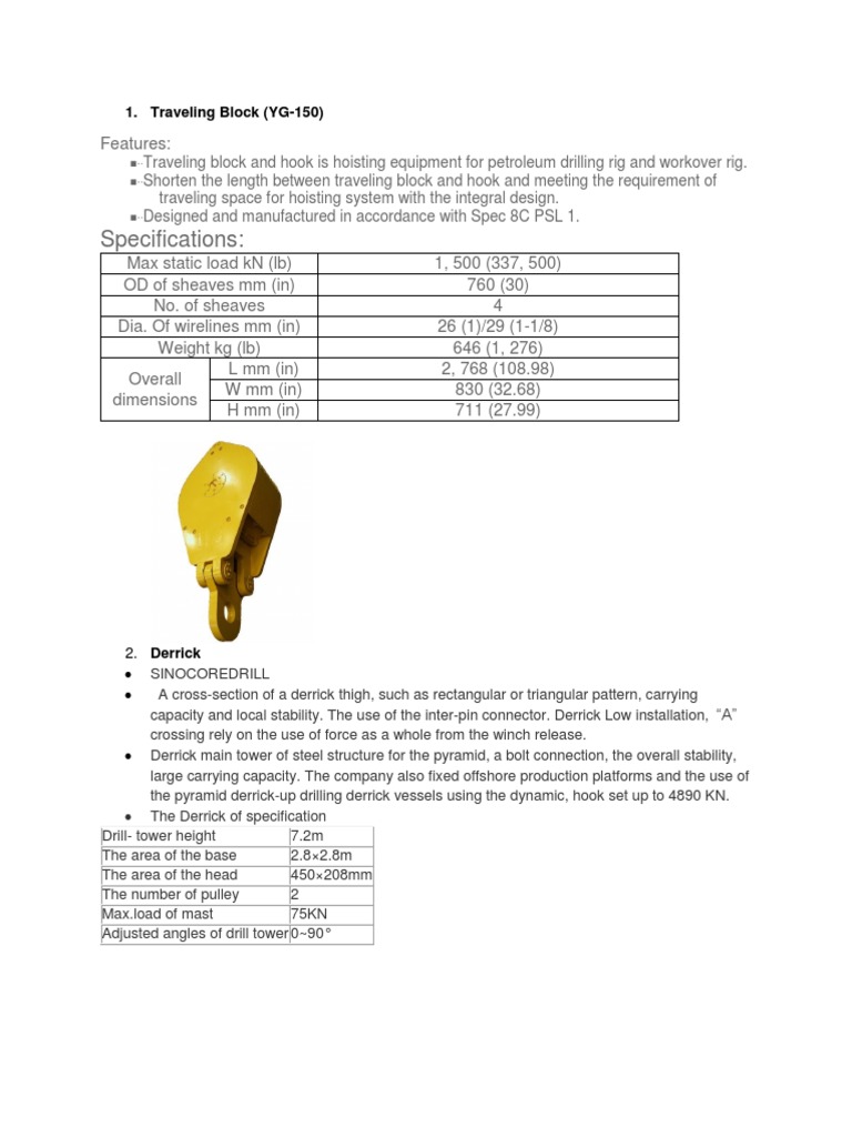 Specifications:: 1. Traveling Block (YG-150) | PDF | Diesel Engine ...