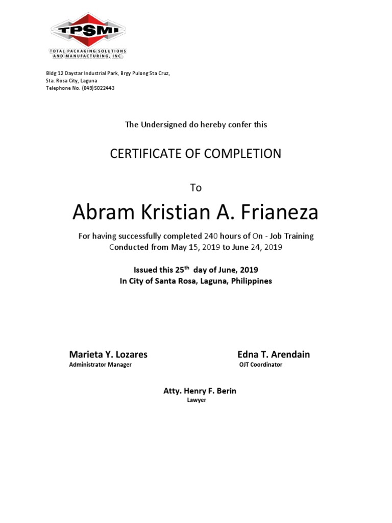 Abram Kristian A. Frianeza: Certificate of Completion | PDF