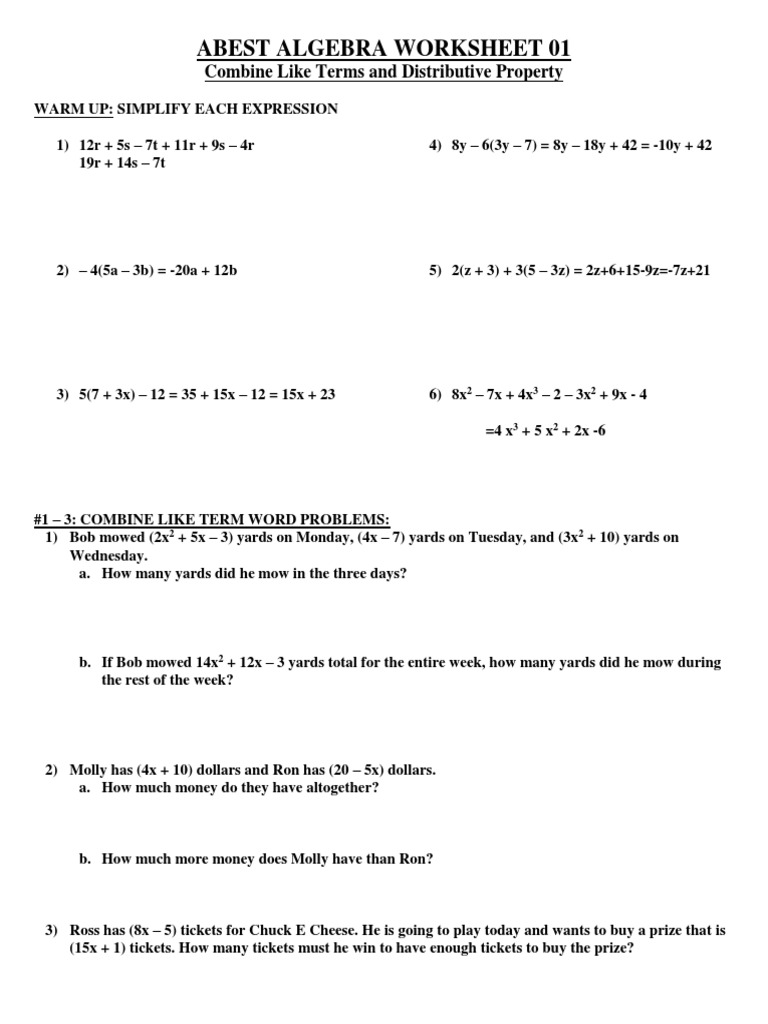 Combining Like Terms and Using the Distributive Property to Simplify ...