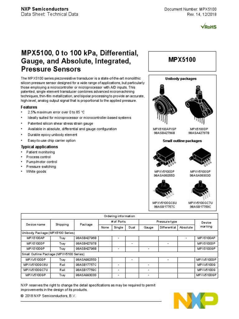 Mpx5100 0 To 100 Kpa, Differential, Gauge, and Absolute, Integrated ...