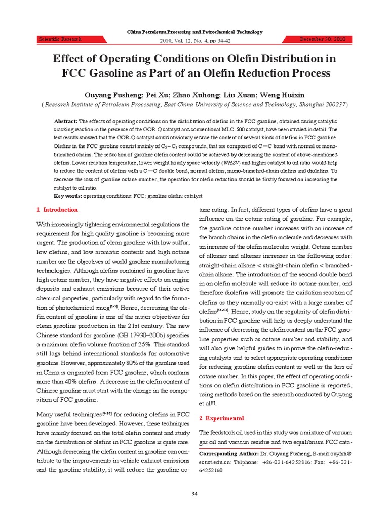 Effect of Operating Conditions On Olefin Distribution in FCC Gasoline ...
