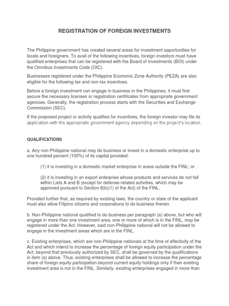 Foreign Investment Registration in the Philippines | PDF | Birth ...