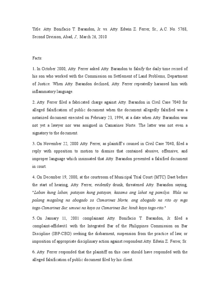 Atty. Bonifacio T. Barandon, Jr. vs. Atty. Edwin Z. Ferrer | PDF ...