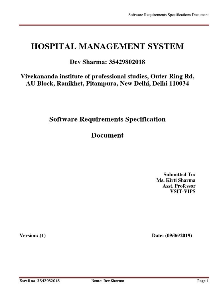 Hospital Management System: Software Requirements Specification ...