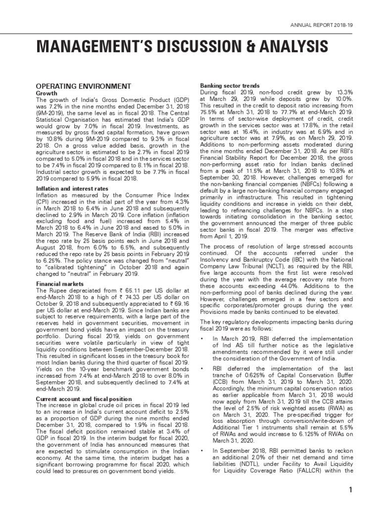 Managements Discussion Analysis | PDF | Reserve Bank Of India | Banks