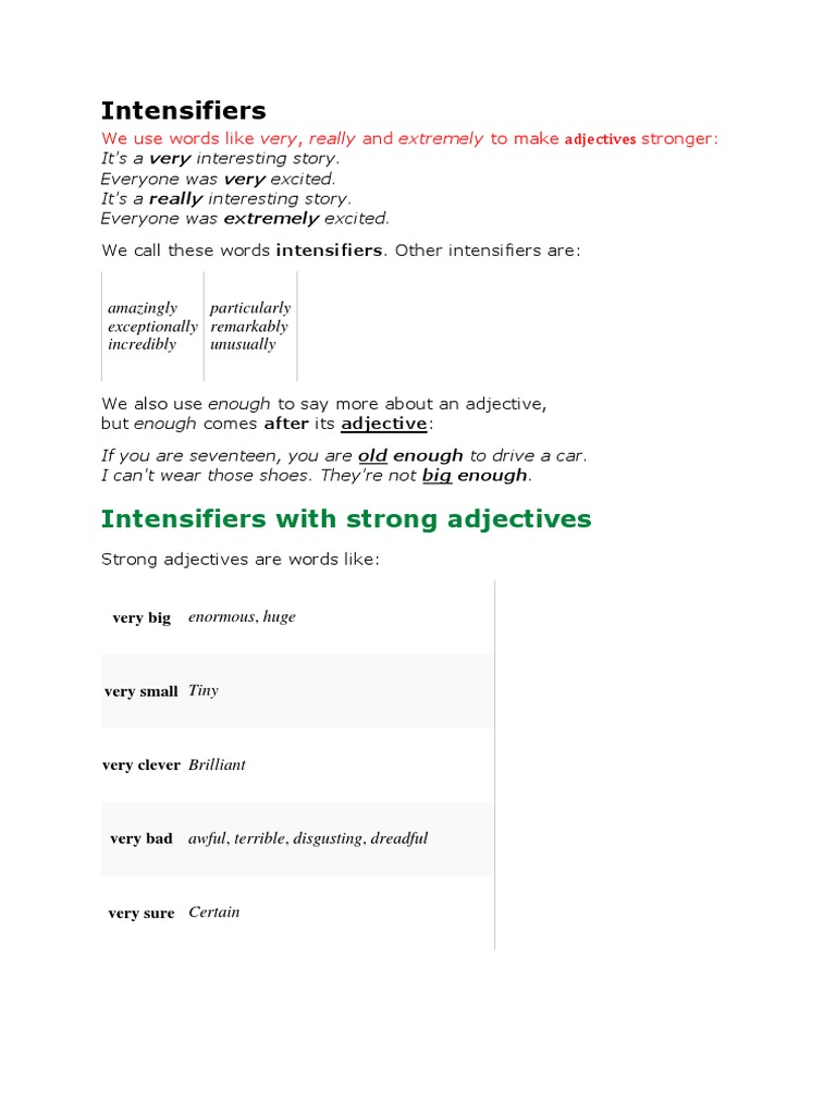 Intensifiers: Intensifiers With Strong Adjectives | PDF