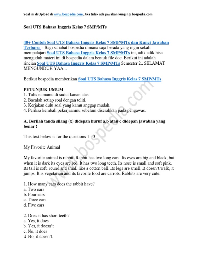 40+ Contoh Soal UTS Bahasa Inggris Kelas 7 SMP MTs Dan Kunci Jawaban ...