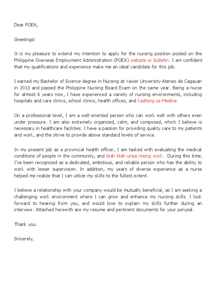 POEA Nursing Application Cover Letter | PDF