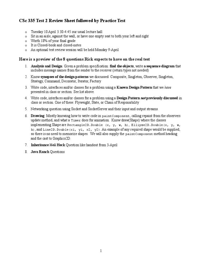 CSC 335 Test 2 Review Sheet Followed by Practice Test | PDF | Class ...