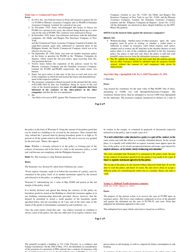 Facts:: Santa Ana vs. Commercial Union (1930) | PDF | Insurance Policy ...