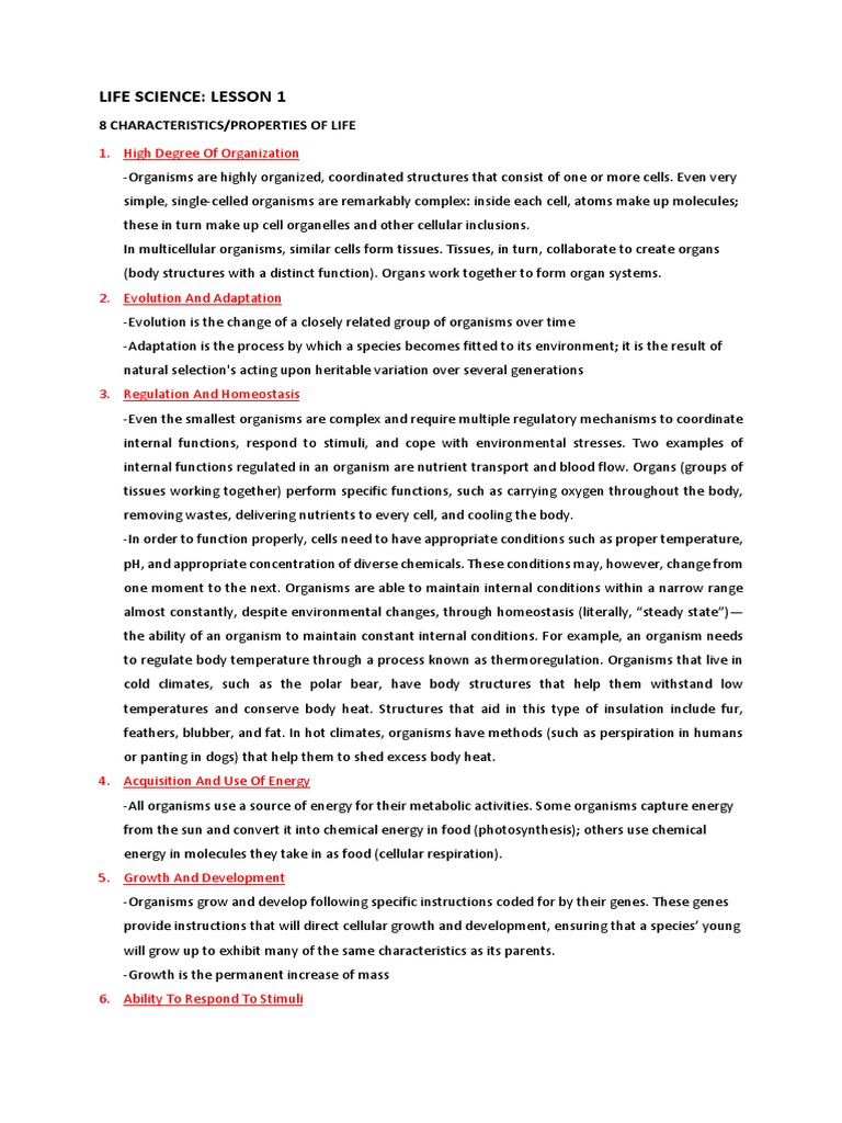 LIFE SCIENCE - Lesson 1 Notes | PDF | Organisms | Human Body