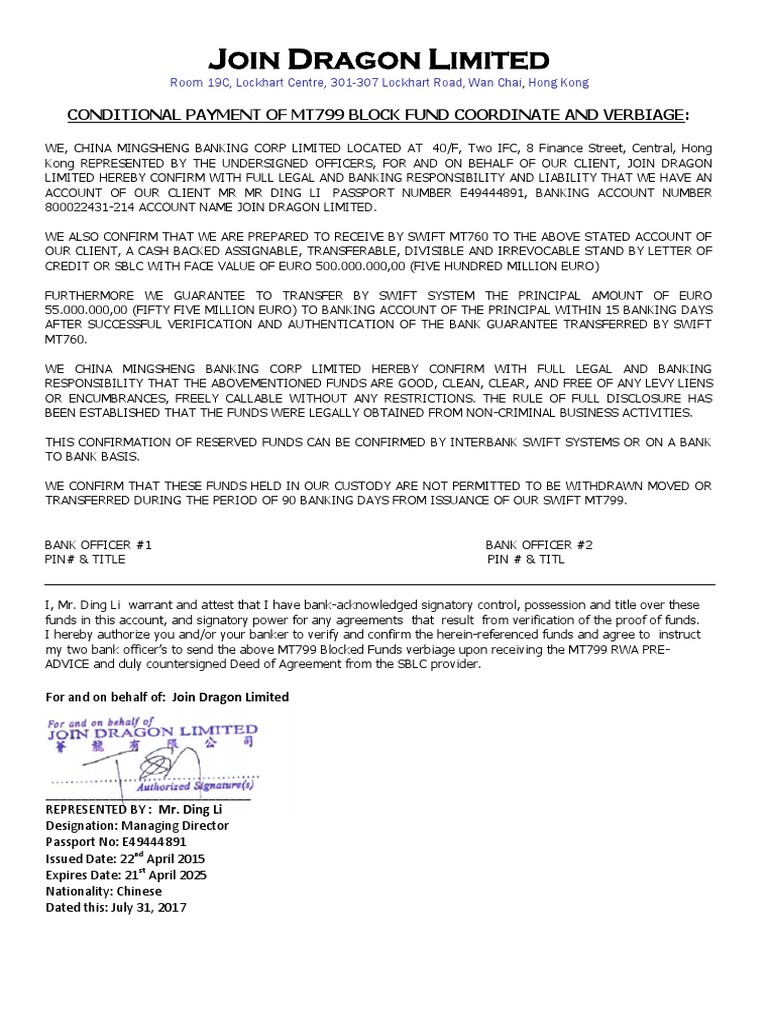 Conditonal Payment of Mt799 Block Fund Verbiage - Join Dragon | PDF ...