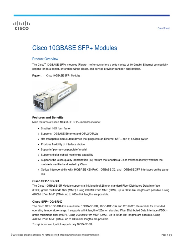 Cisco 10GBASE SFP+ Modules: Product Overview | PDF | Ethernet ...