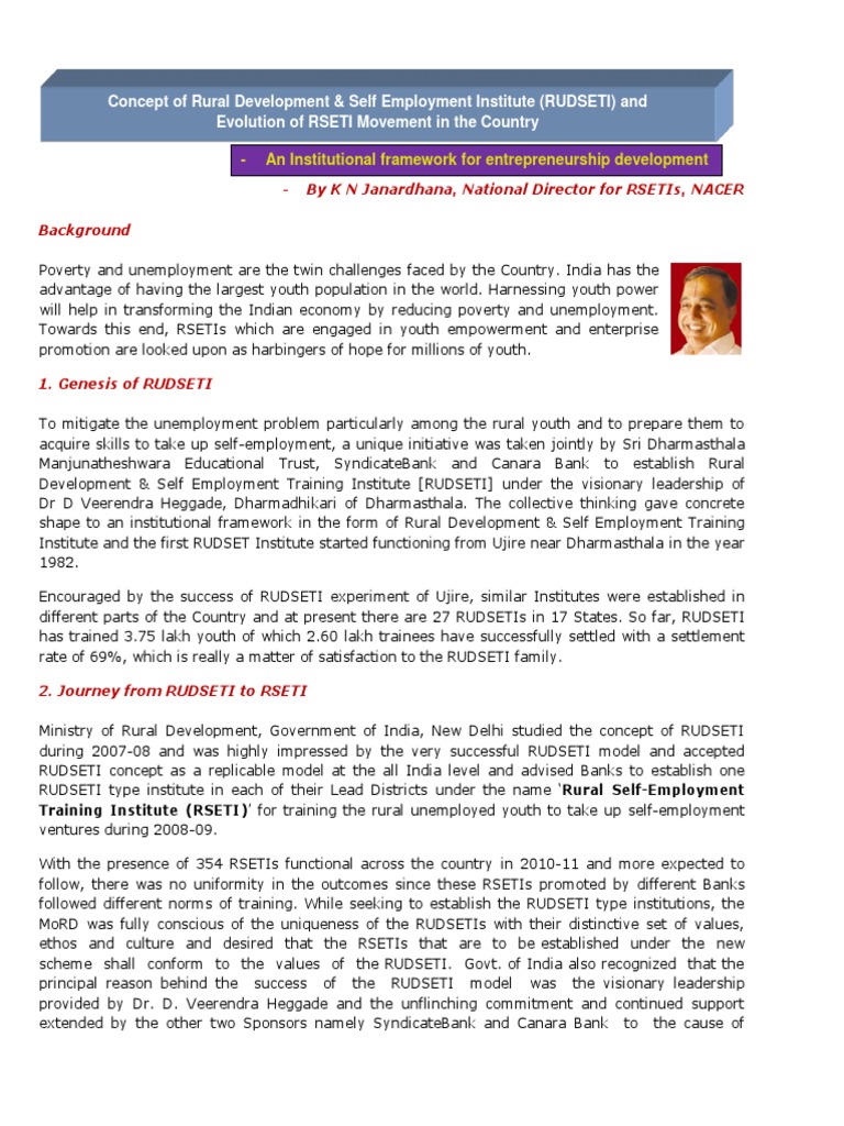 Concept of Rural Development & Self Employment Institute (RUDSETI) and ...
