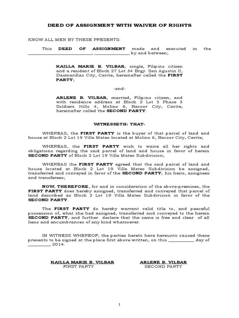 Deed of Assignment - Vilbar | PDF | Assignment (Law) | Civil Law (Legal ...
