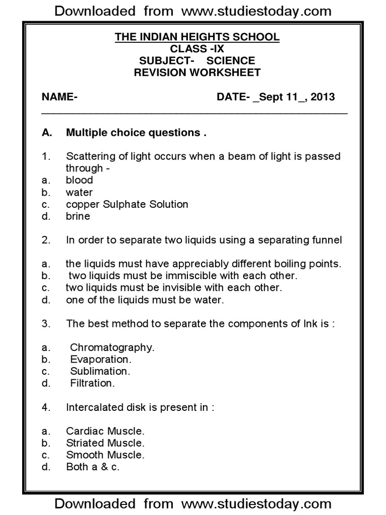 CBSE Class 9 Science Worksheet PDF | PDF | Muscle | Tissue (Biology)