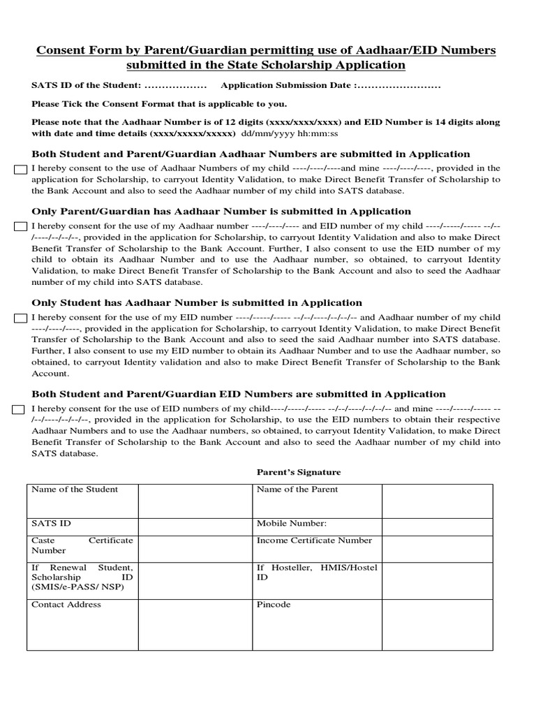 Consent Form by Parent/Guardian Permitting Use of Aadhaar/EID Numbers ...