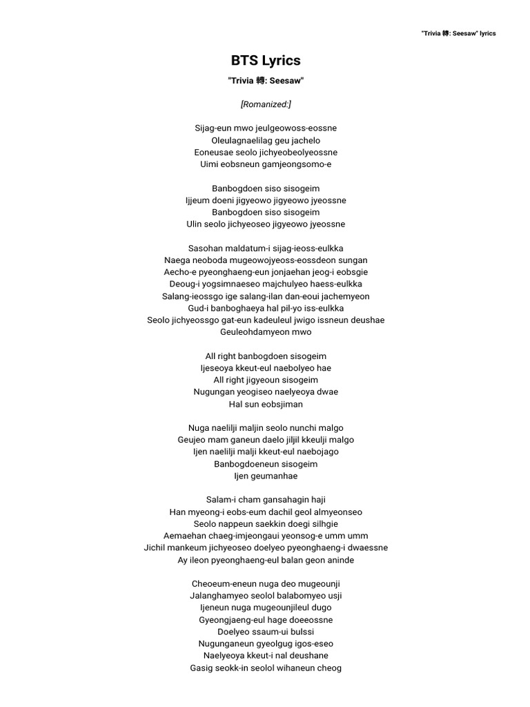 Bts Trivia 轉 Seesaw Lyrics Pdf