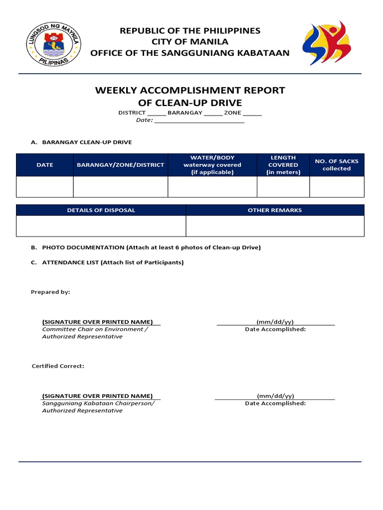 Weekly Accomplishment Report of Clean-Up Drive | PDF
