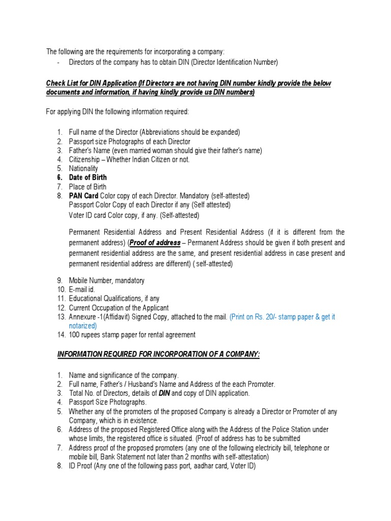 Incorporation Checklist | PDF | Identity Document | Privacy