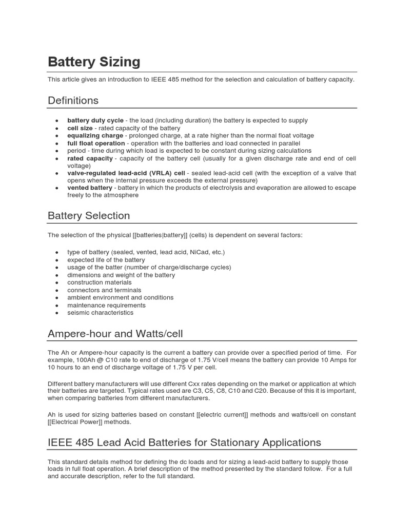 Battery Sizing: Definitions | PDF | Manufactured Goods | Electric Power