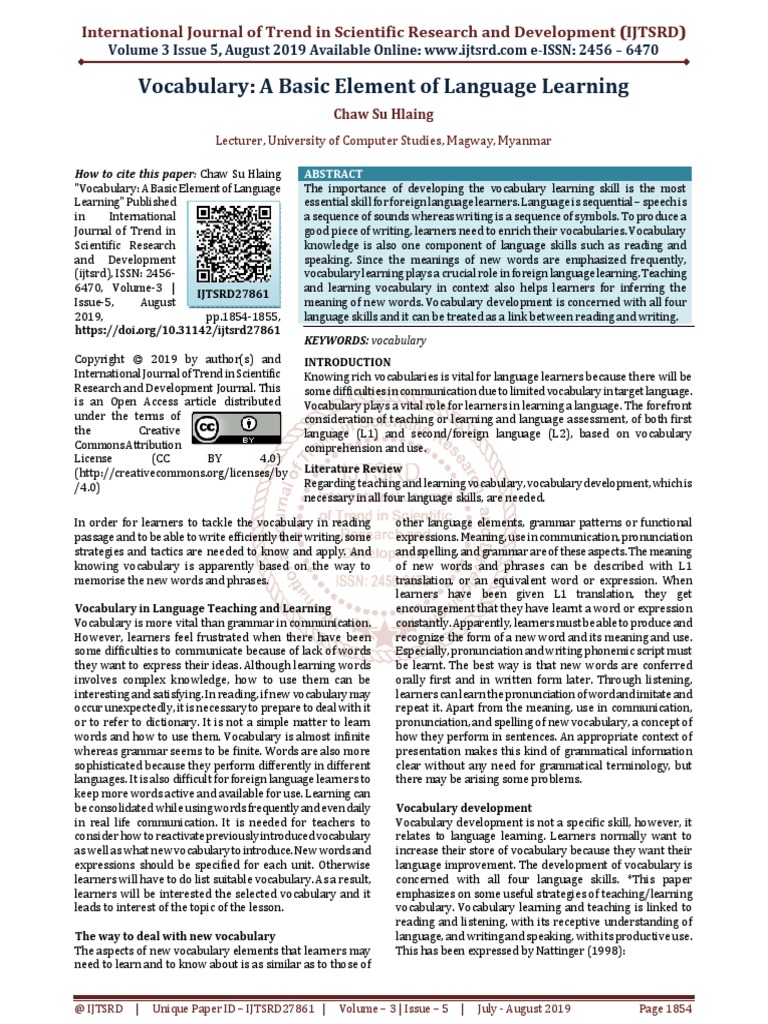 Vocabulary A Basic Element of Language Learning | PDF | Vocabulary ...