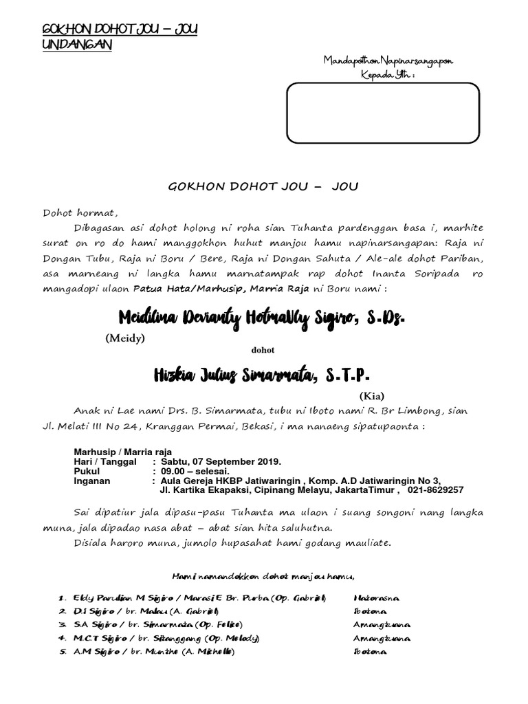 Undangan Martonggo Raja di HKBP Jatiwaringin | PDF | Language Arts ...