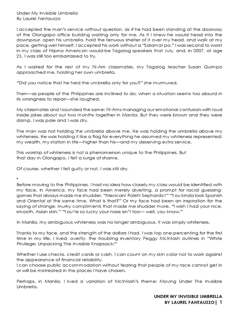 Under My Invisible Umbrella by Laurel Fantauzzo | PDF | Filipino Americans | Philippines