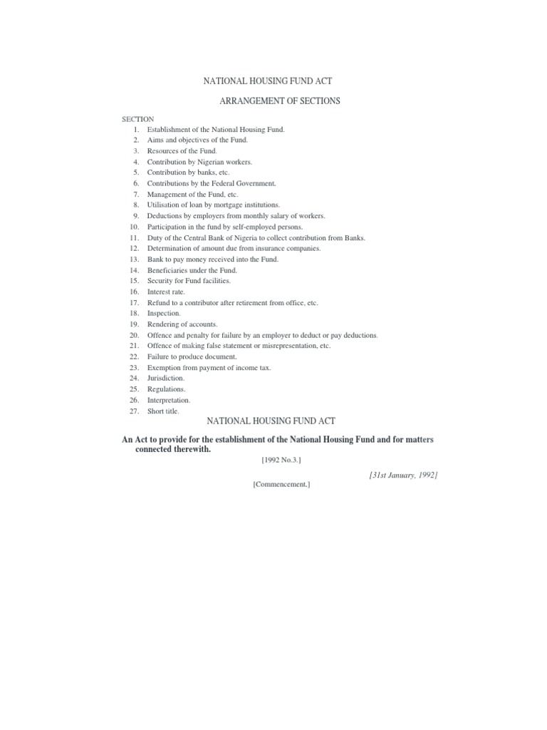 Arrangement of Sections: National Housing Fund Act | PDF | Mortgage ...