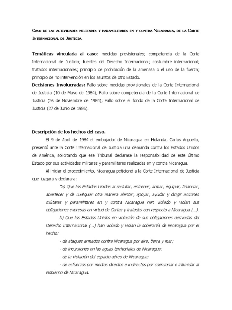 Caso de Las Actividades Militares y Paramilitares en Nicaragua y Contra ...