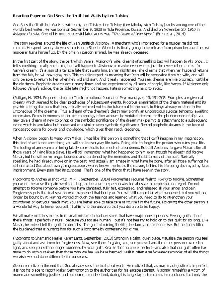 Reaction Paper On God Sees The Truth But Waits by Leo Tolstoy | Dream ...
