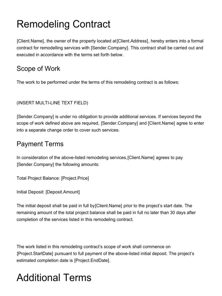Remodeling Contract Agreement Template | PDF | Payments | Employment
