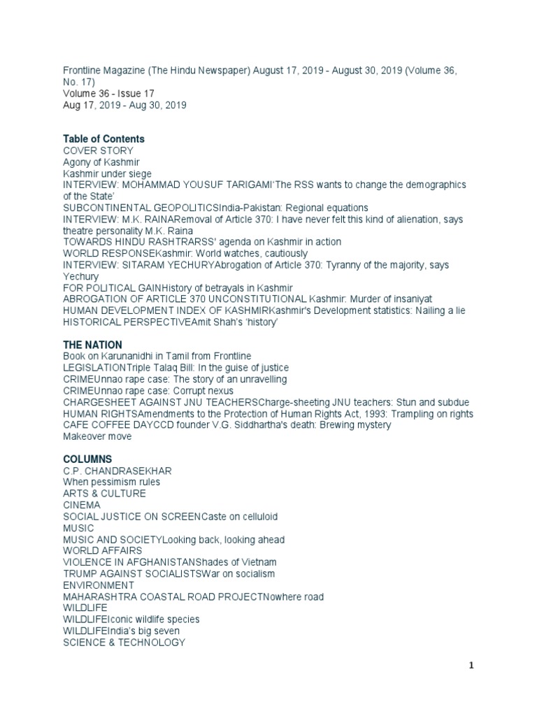 Frontline Magazine (The Hindu Newspaper) August 17, 2019 - August 30 ...