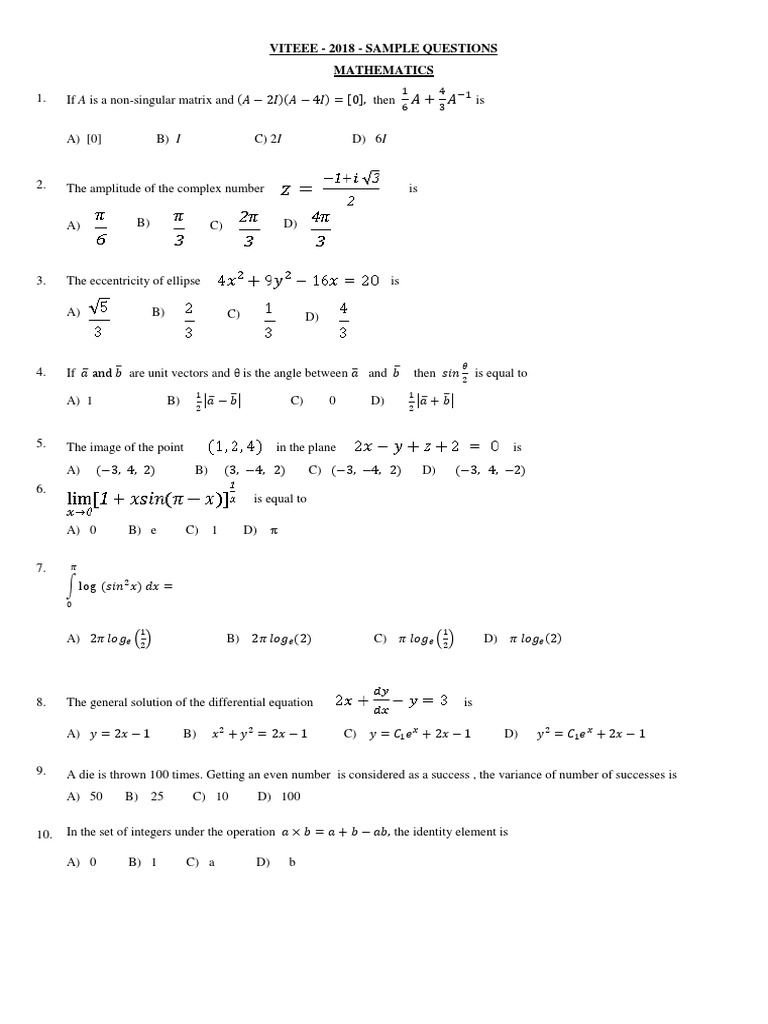 VITEEE 2018 Sample Paper MATHEMATICS PDF | PDF