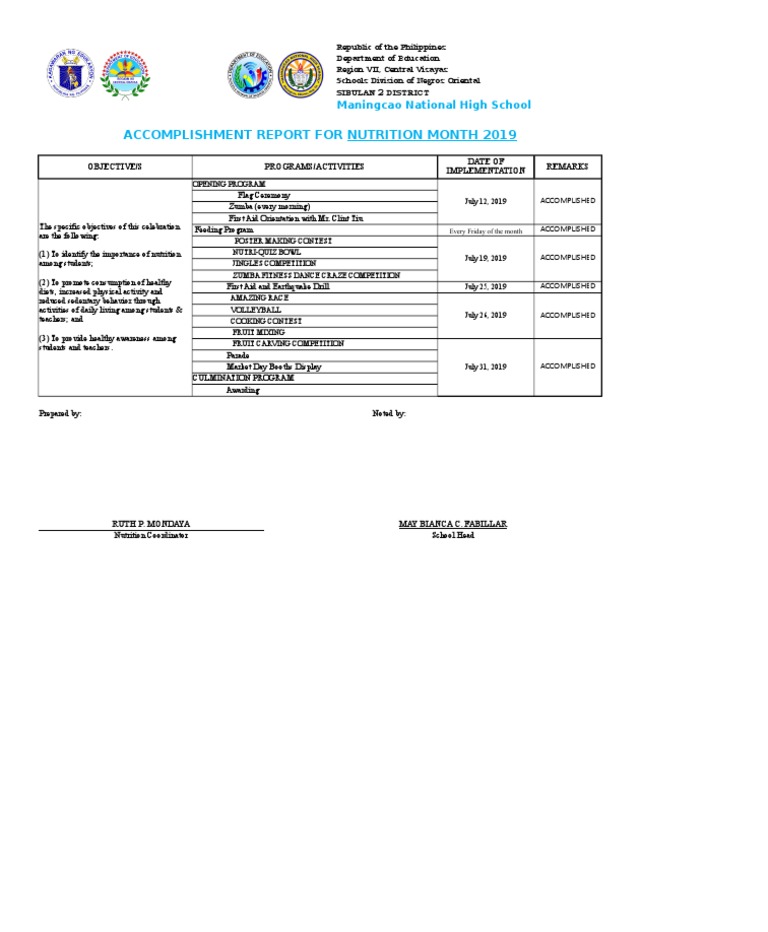 Accomplishment Report For Nutrition Month 2019: Maningcao National High ...