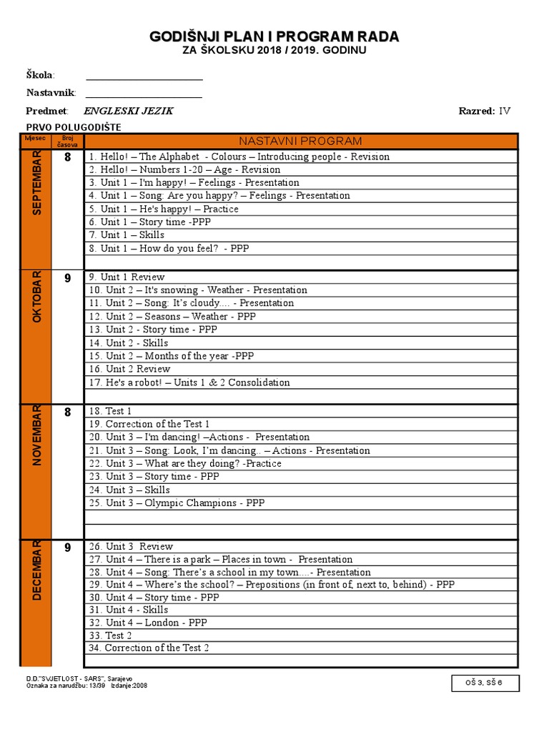 Godisnji Plan I Program Rada - IV Razred 2018 - 2019 | PDF | Nature