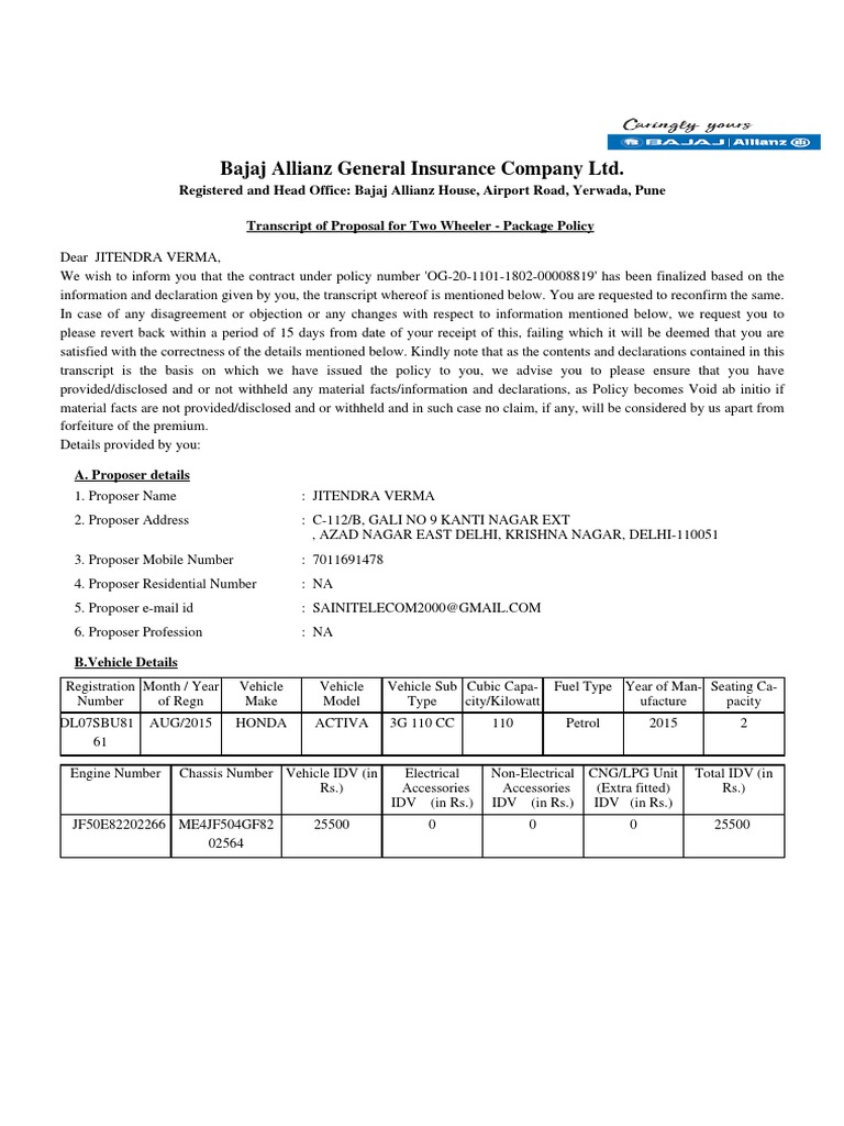 Bajaj Allianz General Insurance Company LTD | PDF | Liability Insurance ...