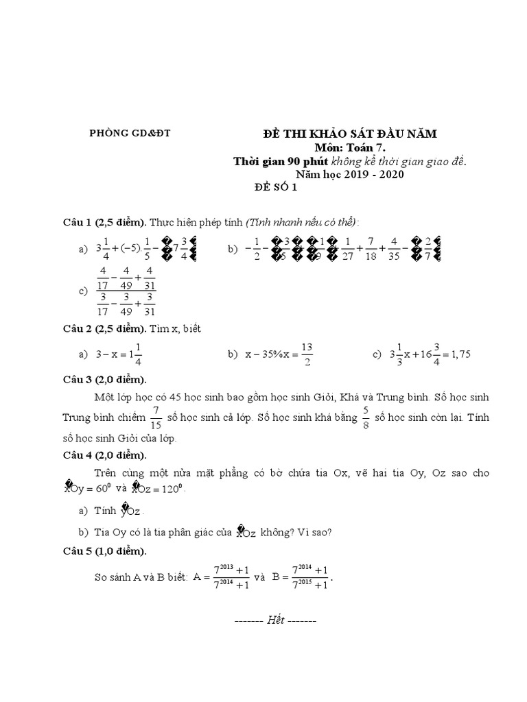 Bo de Thi Khao Sat Chat Luong Dau Nam Mon Toan Lop 7 | PDF