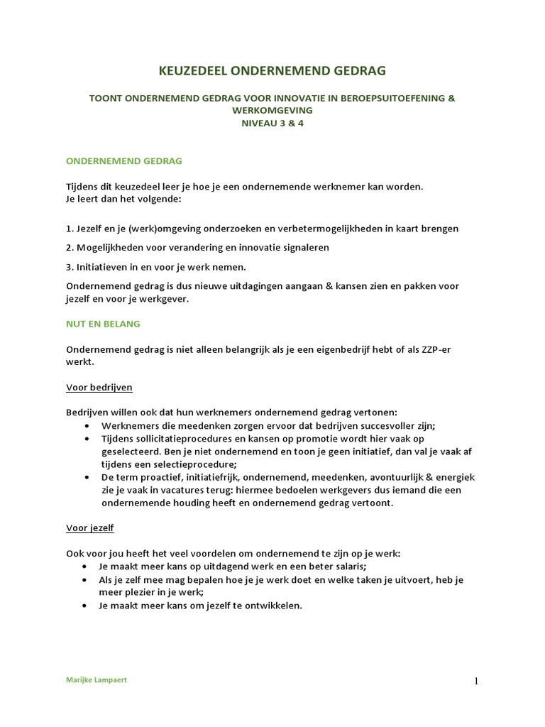 Keuzedeel Ondernemend Gedrag Werk | PDF