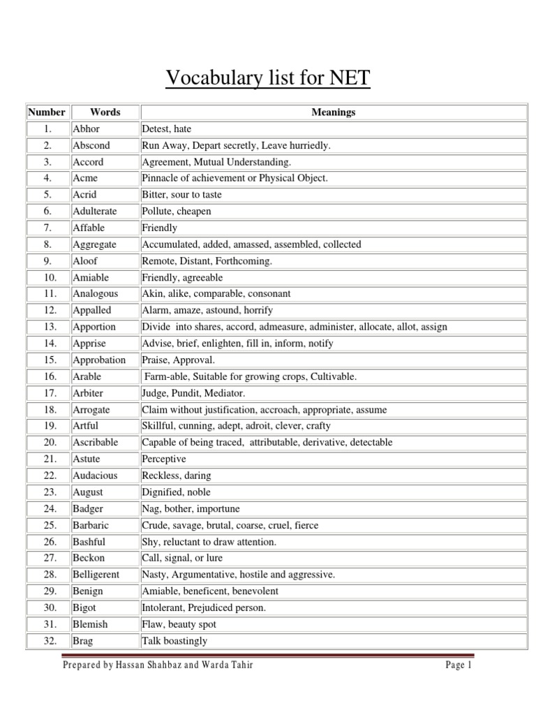 Vocabulary List For NET: Number Words Meanings | PDF