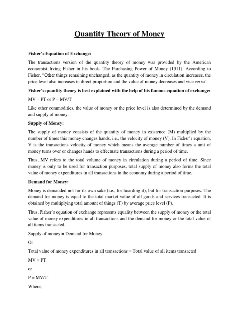 Fisher's Quantity Theory of Money Explained | PDF | Quantity Theory Of ...