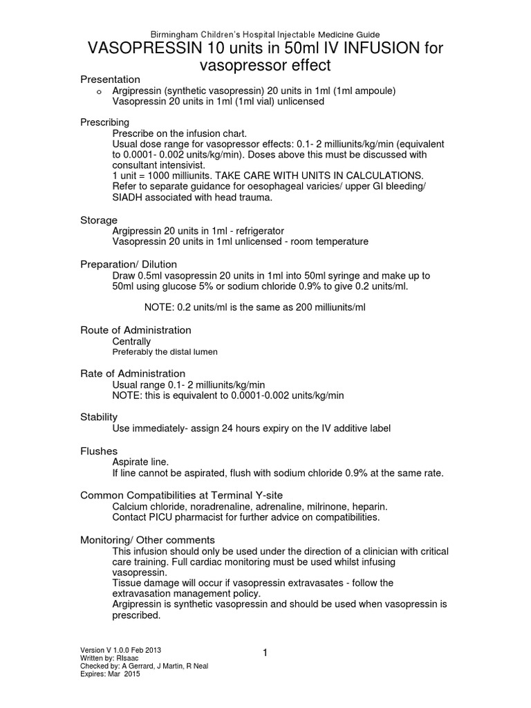 Vasopressin 10 Units in 50ml V1.0.0 | PDF | Intravenous Therapy | Syringe