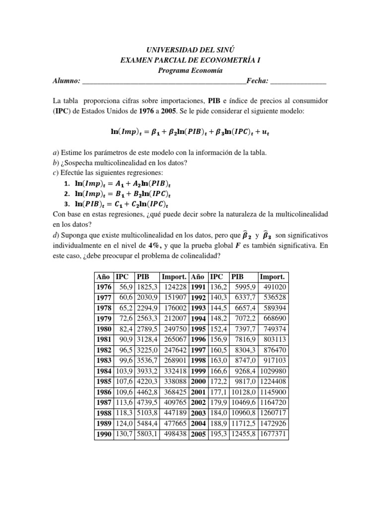 Examen Parcial de Econometria (2° Parcial) PDF | PDF