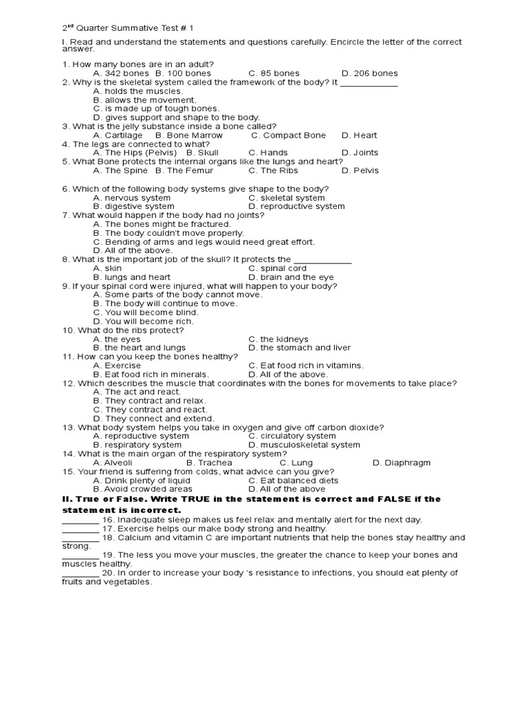 1st Summative Test 2nd Quarter (Science 6) | PDF | Human Body | Skeleton