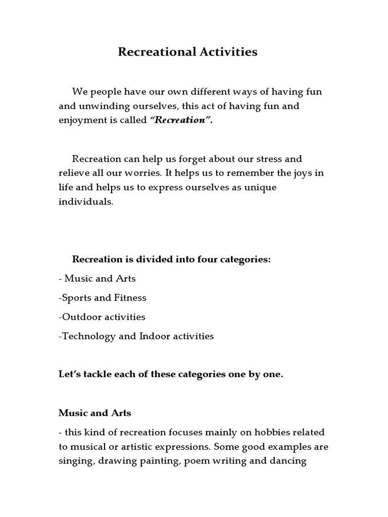 Recreational Activities: Recreation Is Divided Into Four Categories | PDF