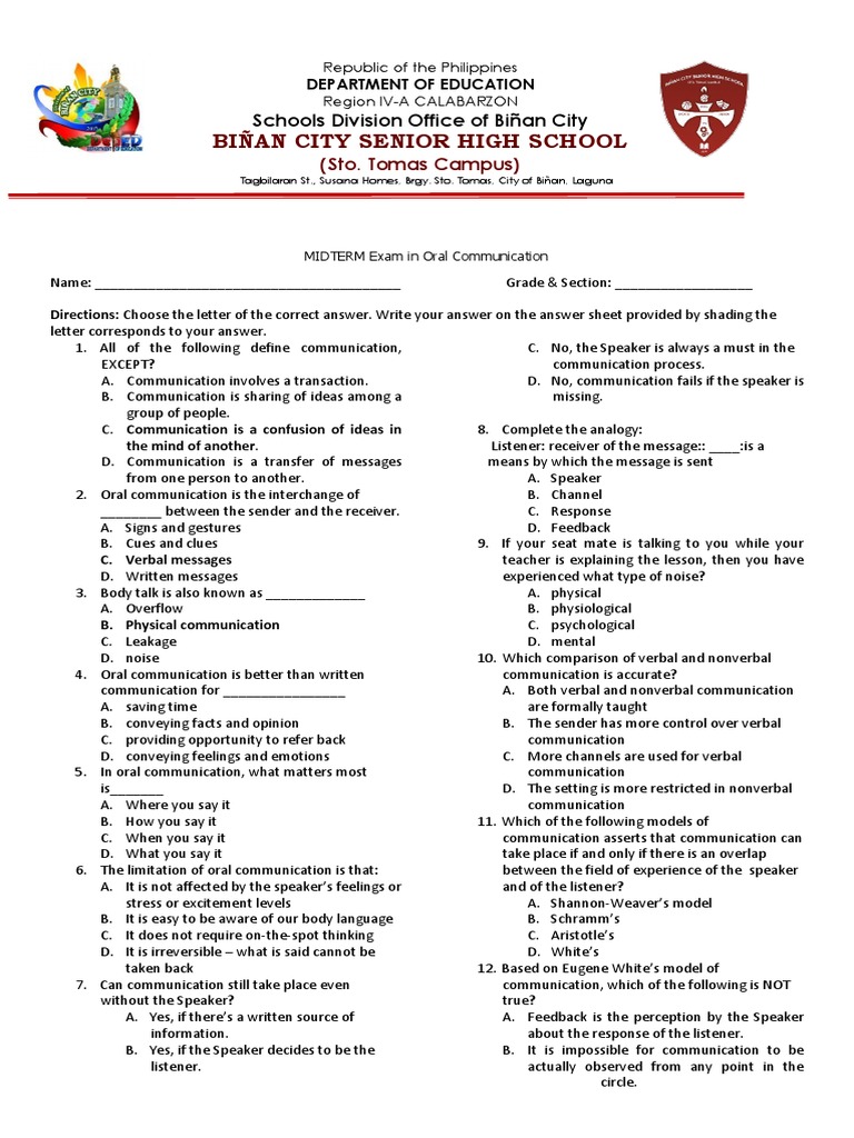 Oral Communication Midterm Exam | PDF | Nonverbal Communication ...