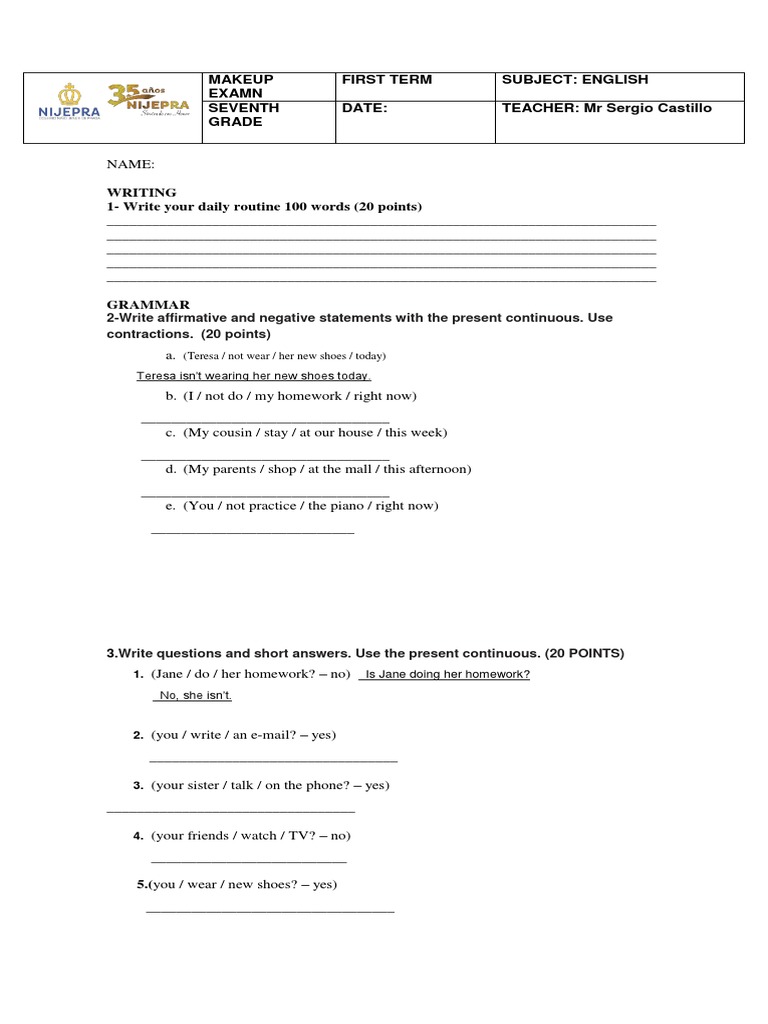 2-Write Affirmative and Negative Statements With The Present Continuous ...