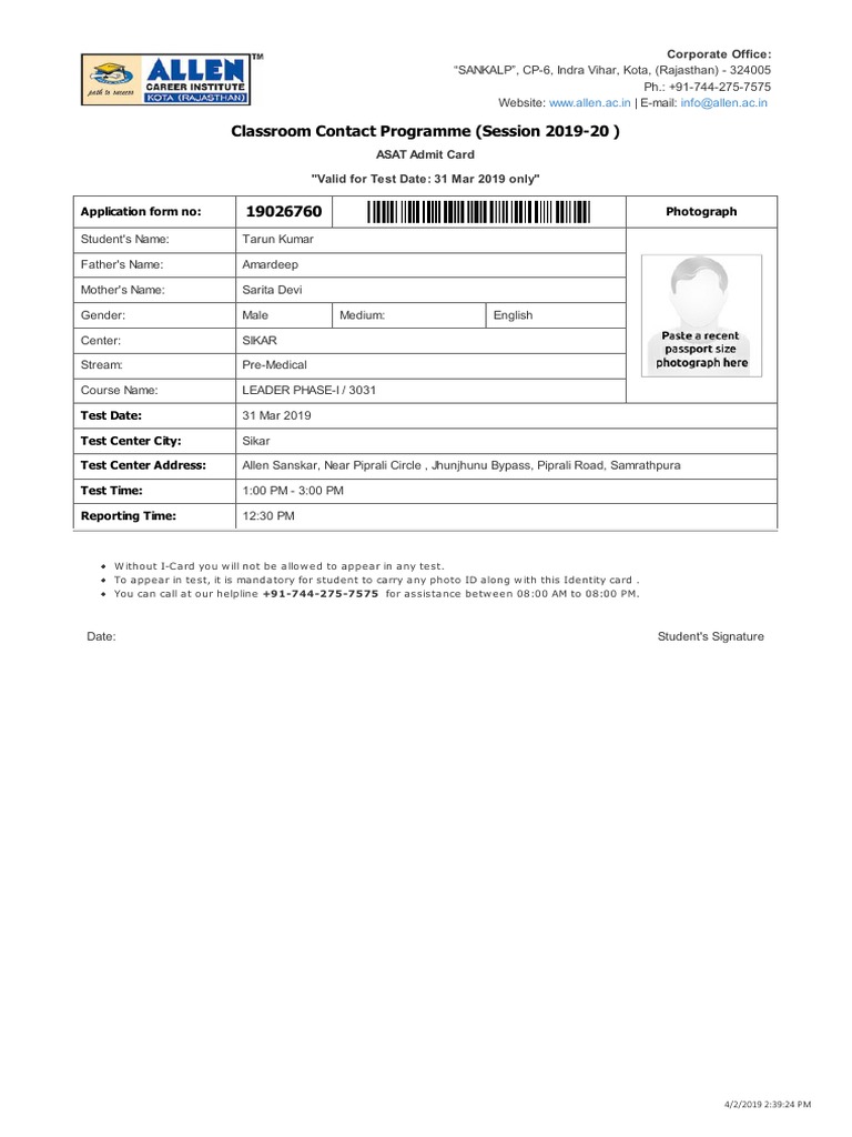 ASAT Admit Card for 31 Mar 2019 | PDF