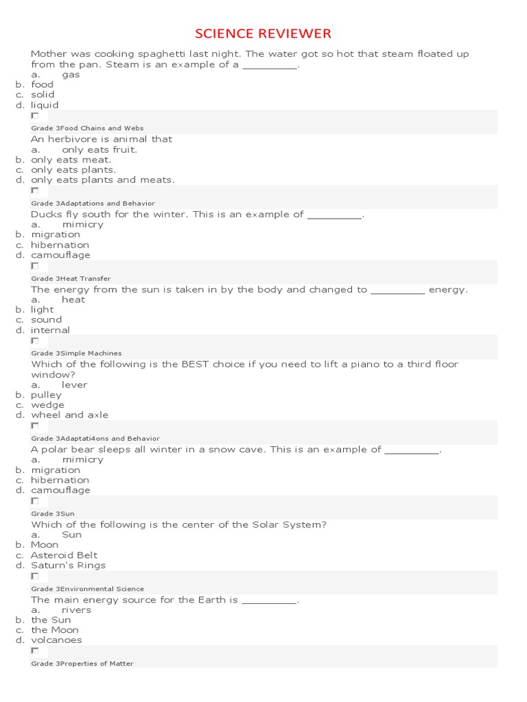 Grade 3 Science Review Questions | PDF | Planets | Water